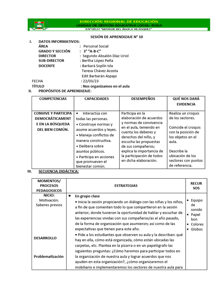 Organización del Aula 3° ABC | PDF | Salón de clases | Aprendizaje