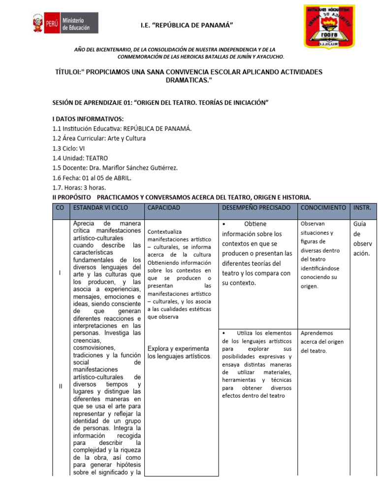 SESIÓN DE APRENDIZAJE 01- teatro | PDF | Aprendizaje | Maestros