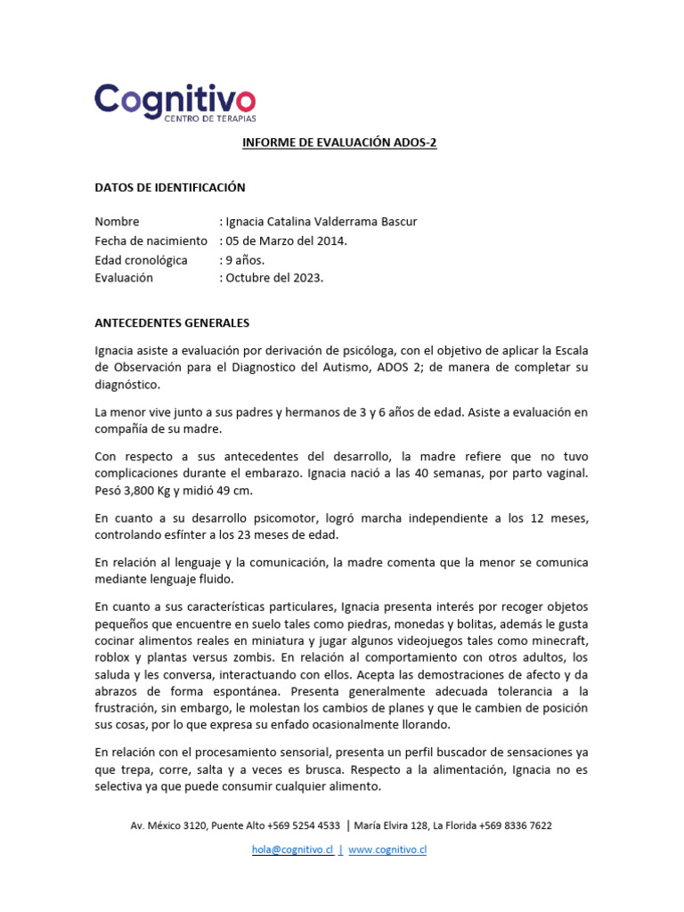 Informe de Evaluación ADOS-2 para Ignacia | PDF | Espectro autista ...