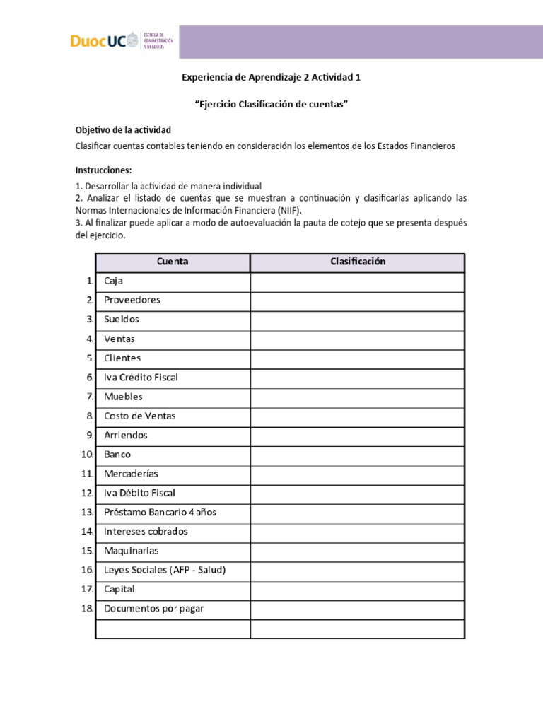 Actividad 1 - Clasificacion - Cuentas 01-04 | PDF | Contabilidad | normas internacionales de ...