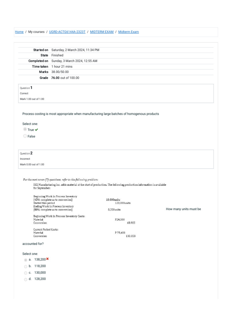 Midterm Exam - Attempt Review | PDF | Cost Of Goods Sold | Inventory