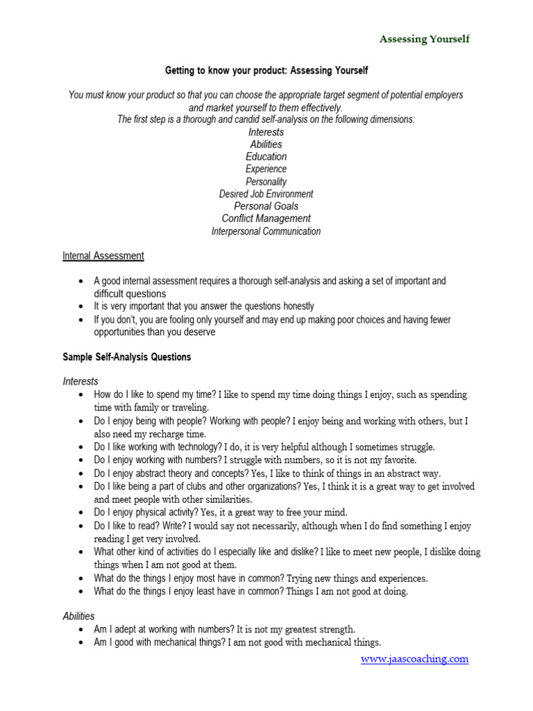 Getting To Know Your Product: Assessing Yourself | PDF | Attitude ...
