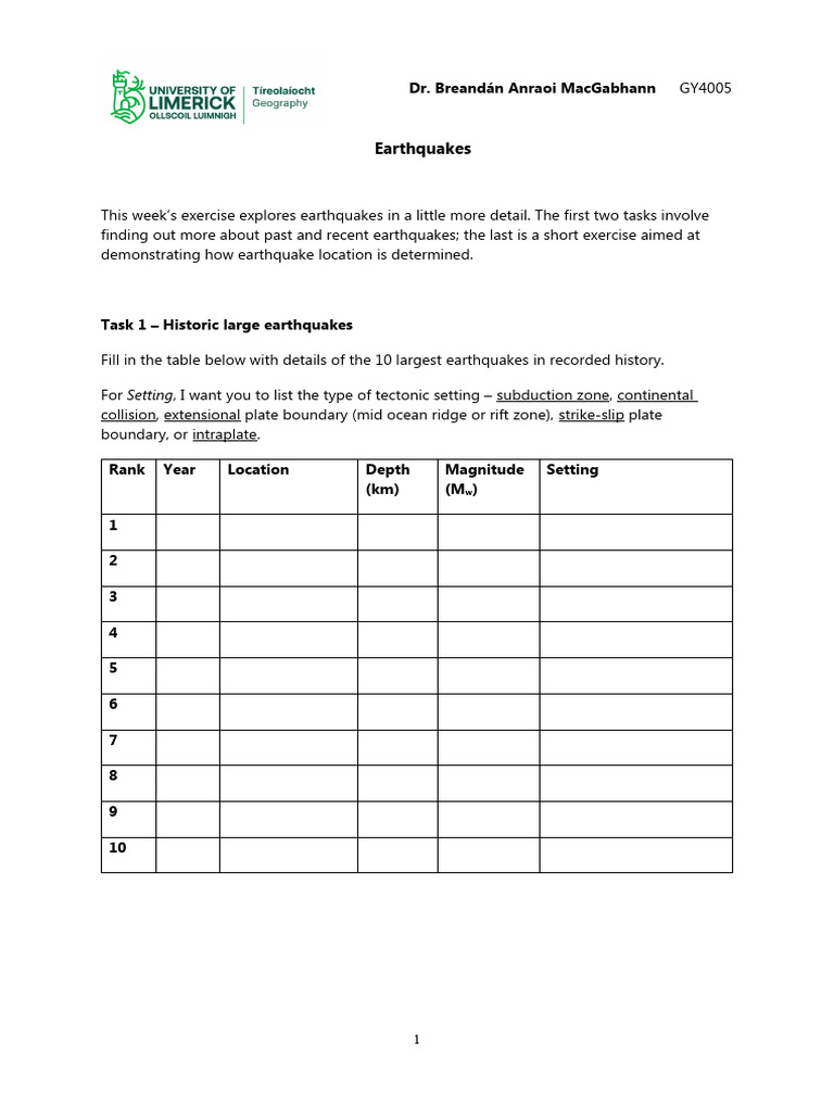 GY4005 Earthquakes Exercise | Download Free PDF | Plate Tectonics ...