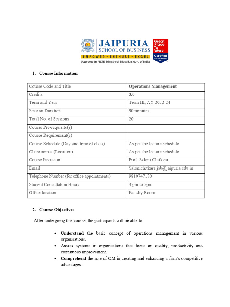 Revised Course Outline OPERATIONS MANAGEMENT | PDF | Critical Thinking | Decision Making
