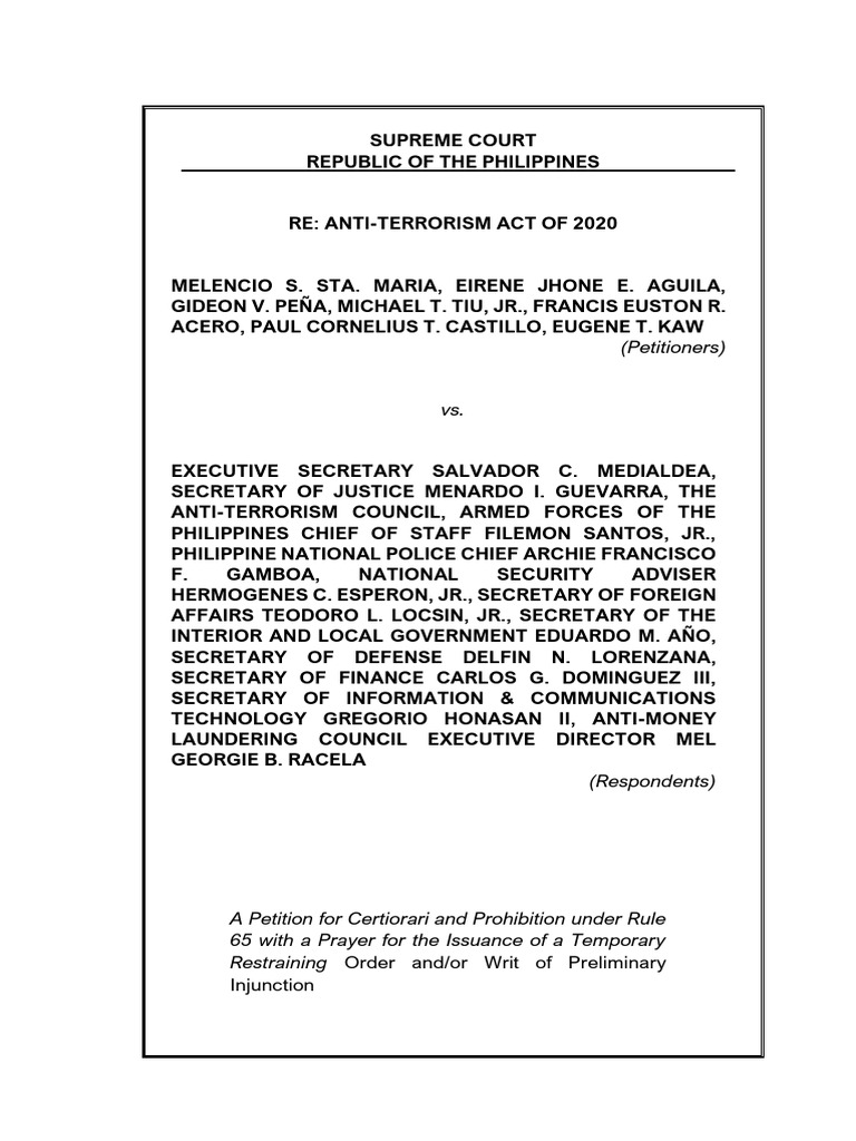 Petition About Anti Terrorism Act Sample | PDF | Overbreadth Doctrine ...