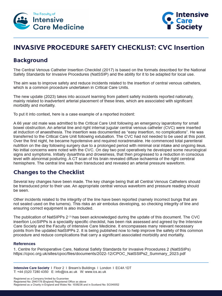 Central Venous Catheter Insertion Checklist1 | PDF | Diseases And ...