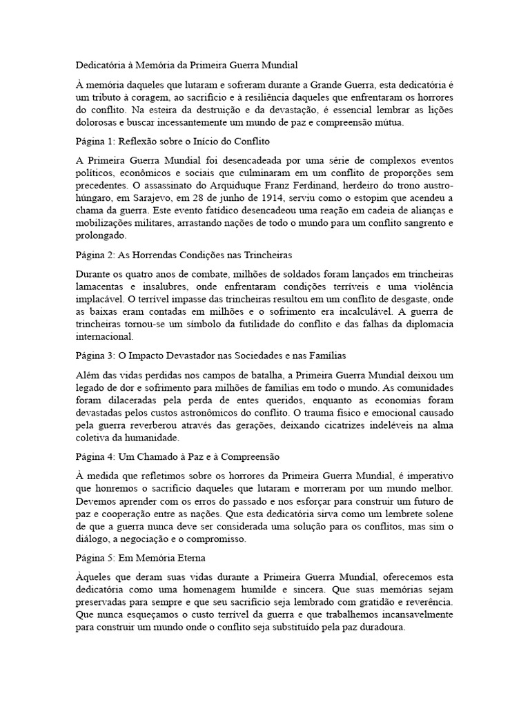 Dedicatória À Memória Da Primeira Guerra Mundial | PDF | Primeira Guerra Mundial