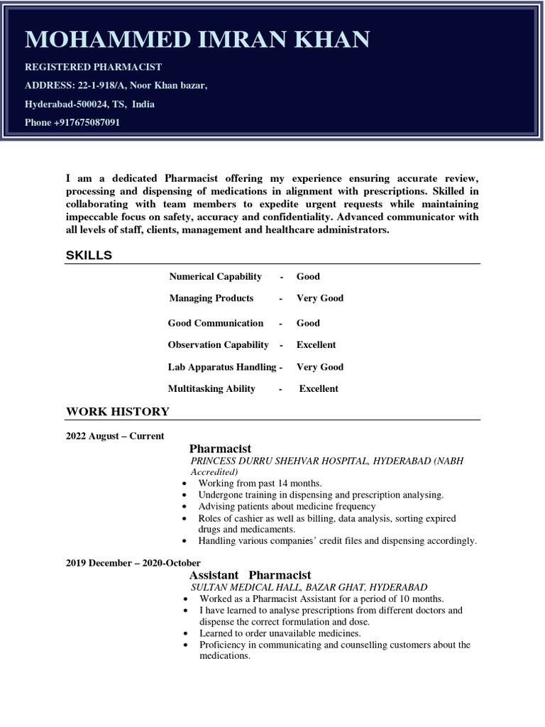 Imran CV 20-10-2023 | PDF | Pharmacist | Medical Prescription