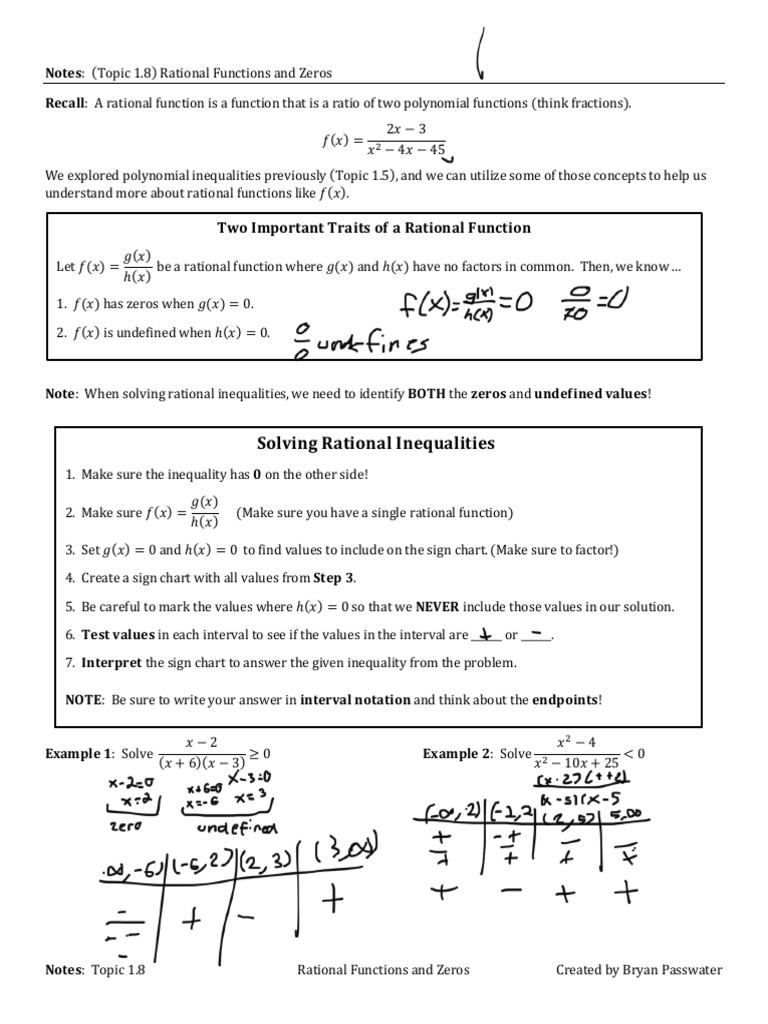 Notes Topic 1 8 Rational Functions And Zeros Pdf Mathematical Relations Computational Science