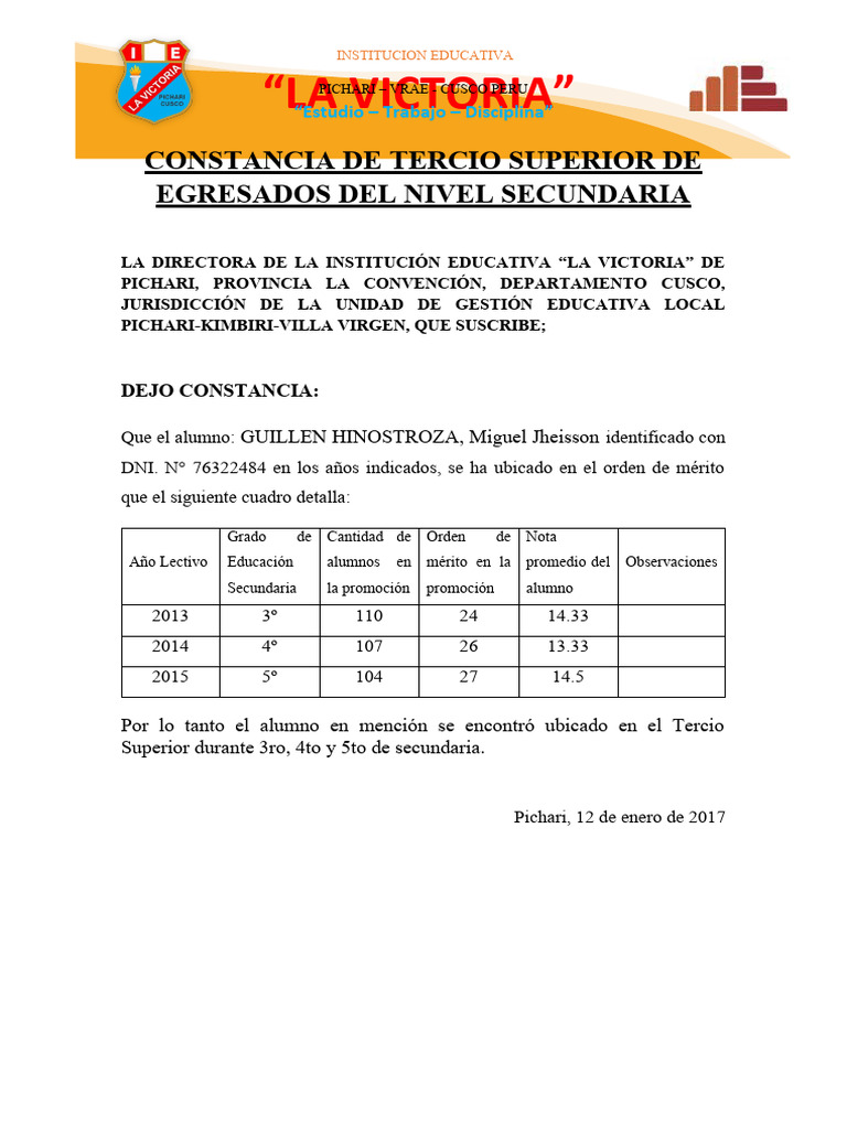 Constancia de Tercio Superior - 2016 | PDF