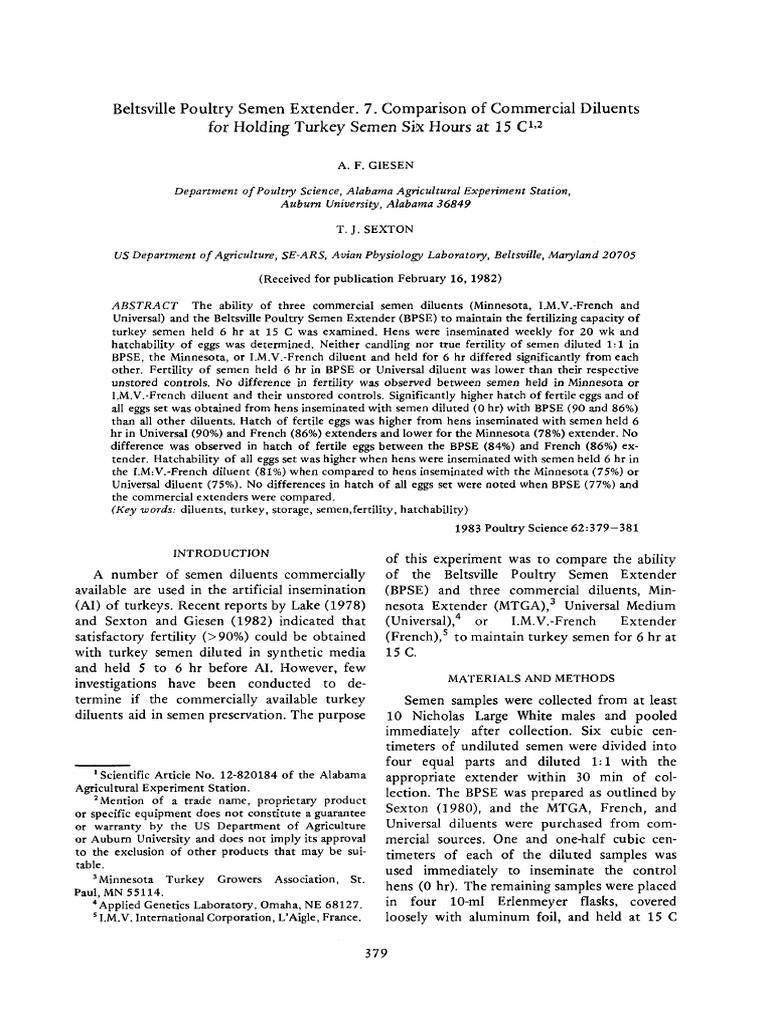 Beltsville Poultry Semen Extender 7 Comparison of | PDF | Analysis Of Variance | Semen