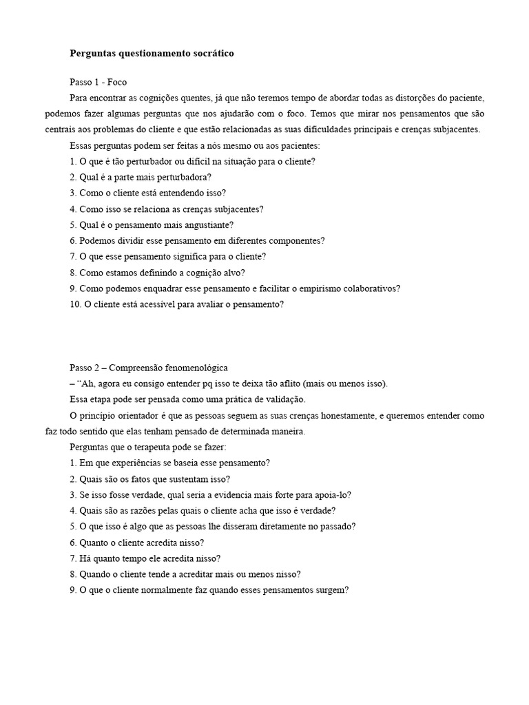 Perguntas Questionamento Socrático 4 Passos | PDF | Pensamento | Evidência