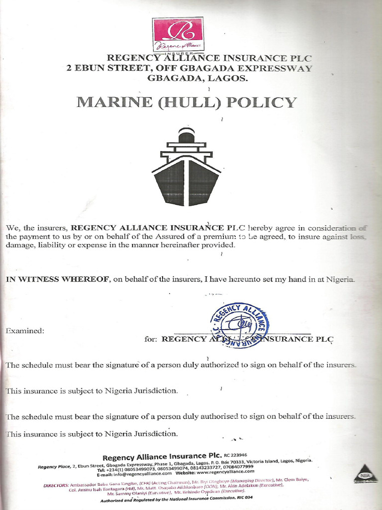 Marine Hull Policy | PDF