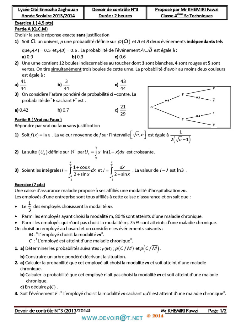 Devoir de contrôle N°3 Mathématiques 4ème | PDF | Intégral | Fonction ...