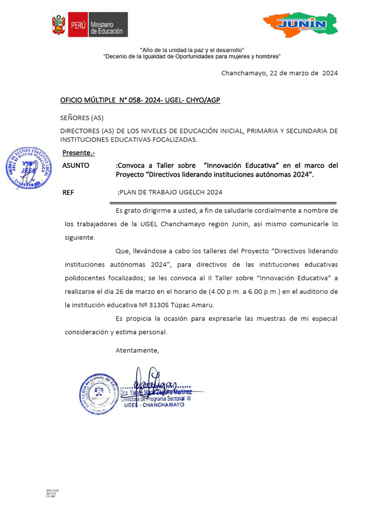 MODELO DE OFICIO MÚLTIPLE N° 058- 2024- UGEL- CHYO | PDF