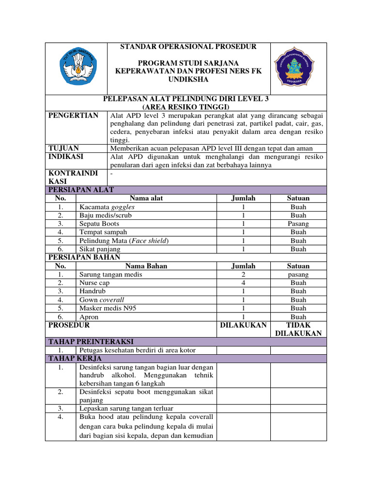 SOP PELEPASAN APD LEVEL 3 Keperawatan Undiksha | PDF