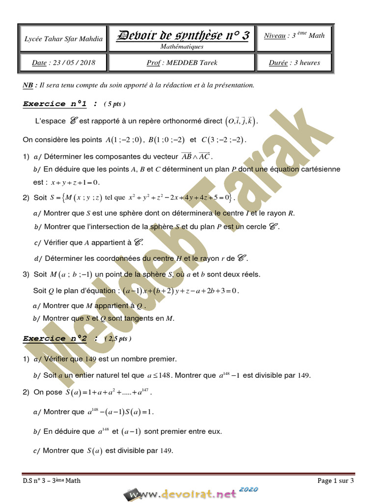 Devoir de mathématiques 3ème n° 3 | PDF | Coordonnées cartésiennes ...