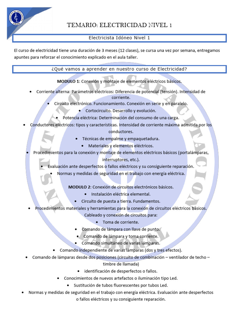 Temario Electricidad Nivel 1 AoP69q6B1JCDjpBB | PDF | Ingenieria Eléctrica | Corriente eléctrica