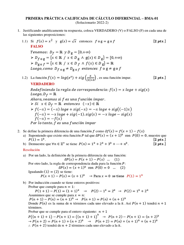 Falso: Primera Práctica Calificada de Cálculo Diferencial - Bma-01 | PDF | Entero | Función ...