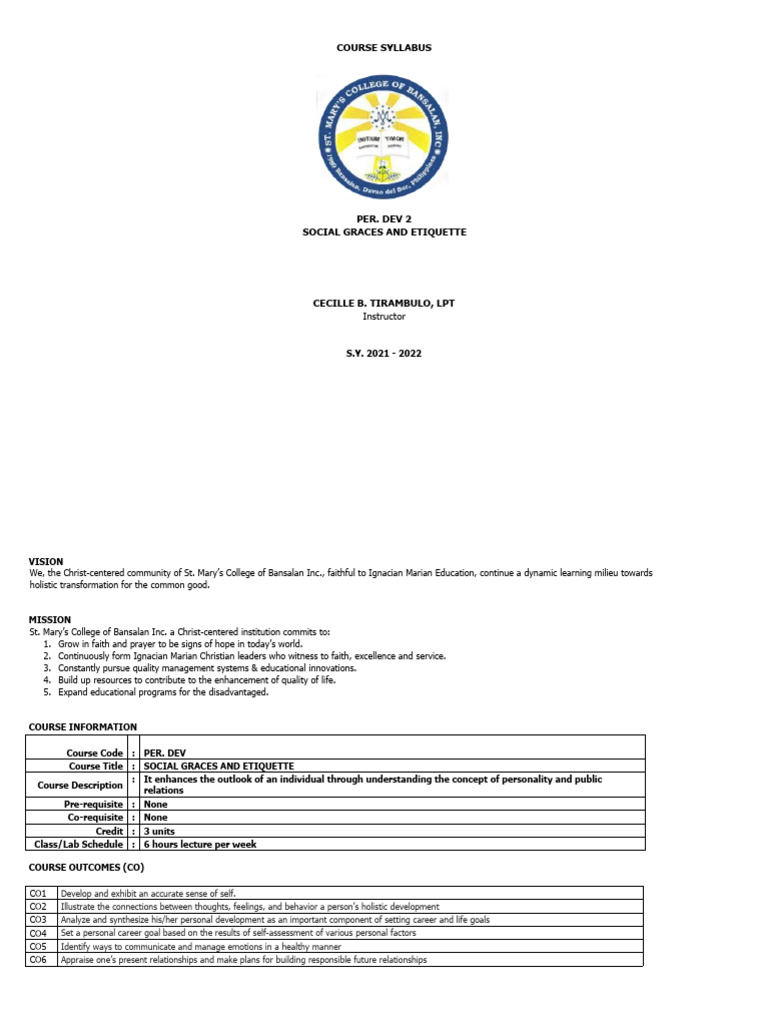 Social Graces and Etiquette Syllabus | PDF | Self Esteem | Disciplines
