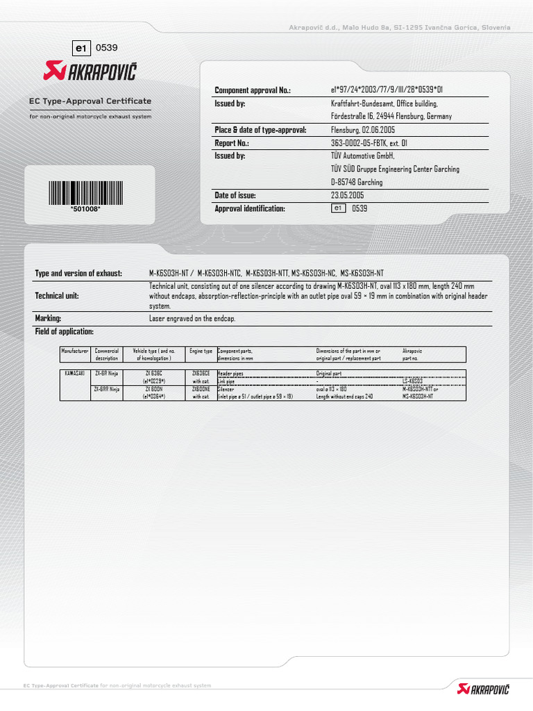 EC Type-Approval Certificate For Non-Original Motorcycle Exhaust System ...