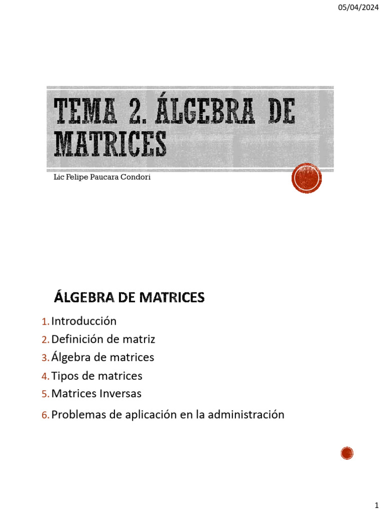 Tema 2. Matrices - Primera Parte | PDF | Matriz (Matemáticas ...