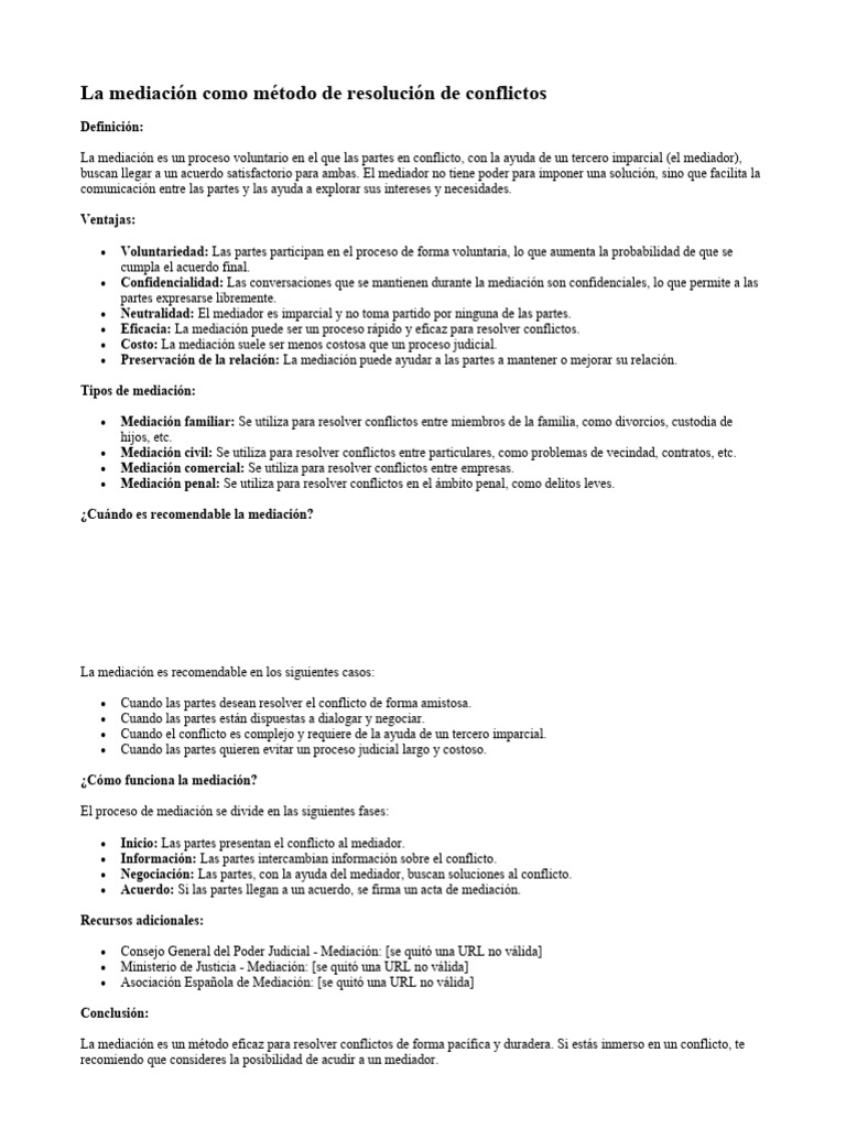 La Mediación Como Método de Resolución de Conflictos | PDF | Mediación | Conflicto (proceso)