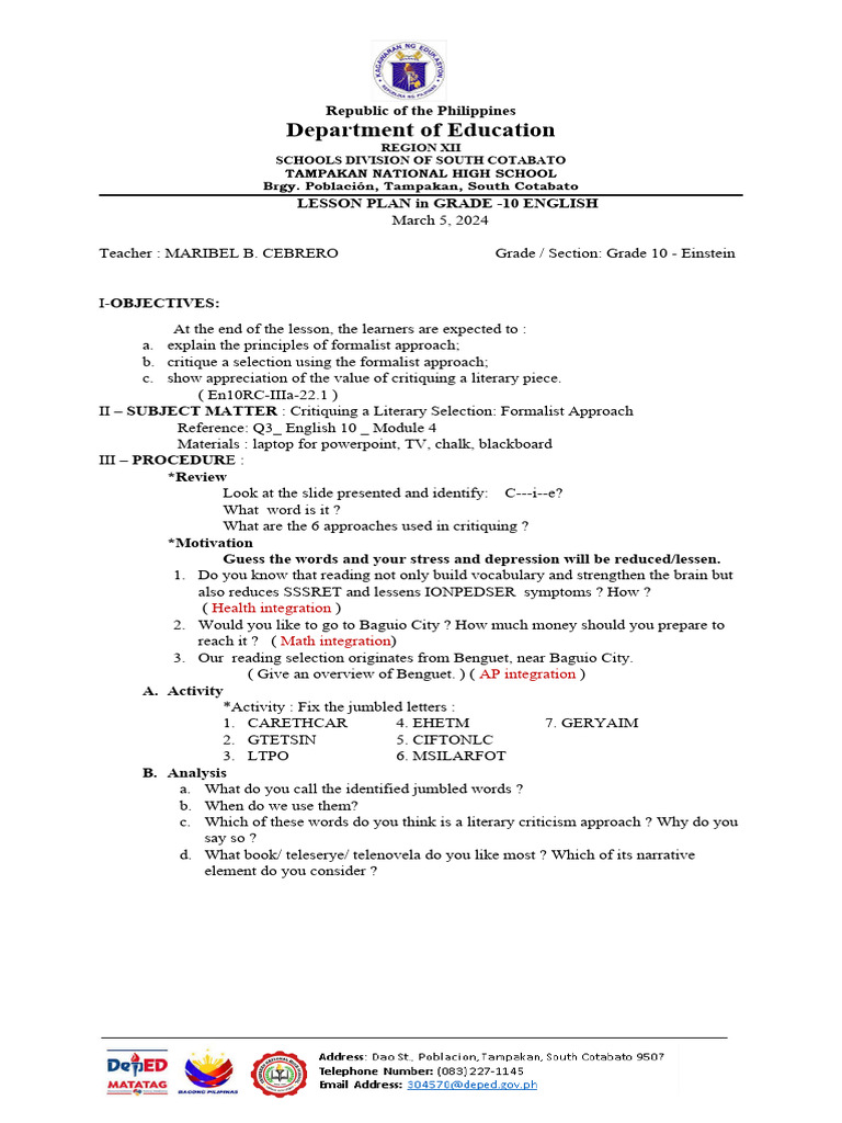 Lesson On Literary Critiquing Using Formalist Approach | PDF ...