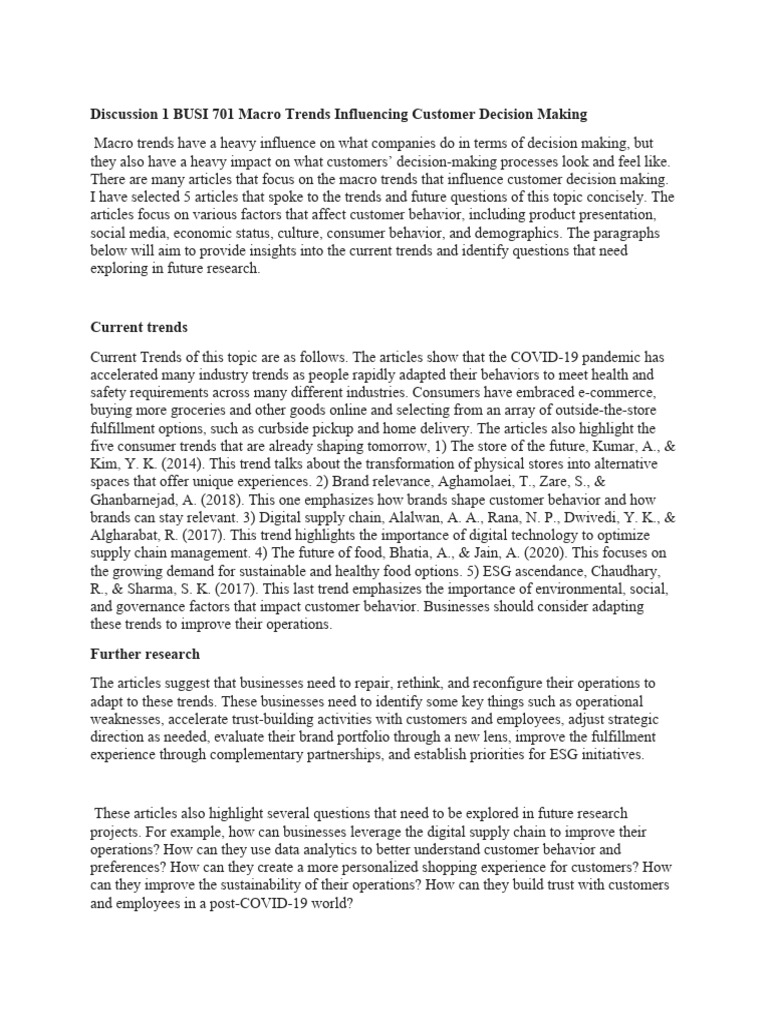 Discussion 1 BUSI 701 Macro Trends Influencing Customer Decision Making ...