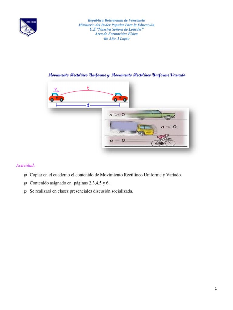 4to Año. Conocimientos Teóricos de Movimiento Rectilíneo Uniforme y Variado | PDF | Velocidad ...