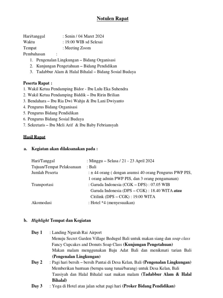 Notulen Rapat Pembahasan Awal PWP Goes To Bali 2024 | PDF