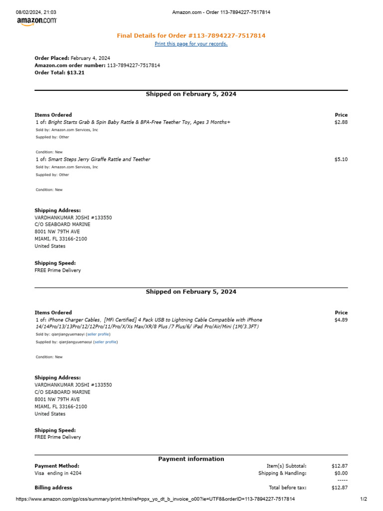Amazon Order Summary for 113-7894227-7517814 | PDF | Ios | Apple Inc.