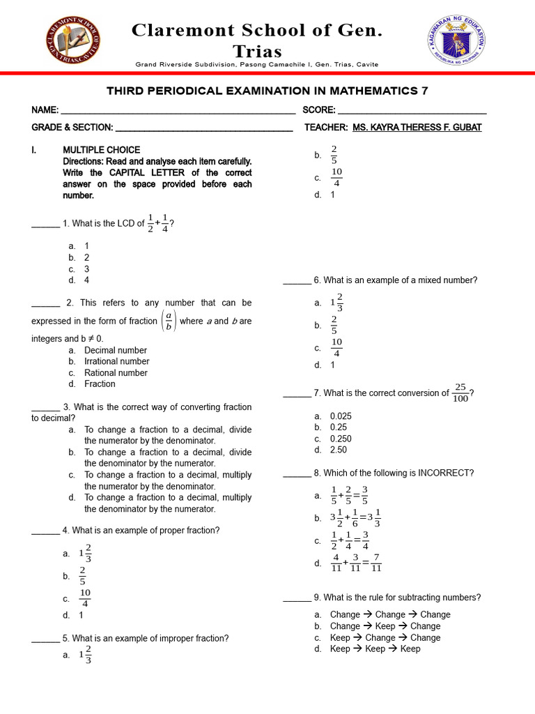 MATH7-3rd PERIODICAL EXAM | PDF | Mathematical Objects | Arithmetic