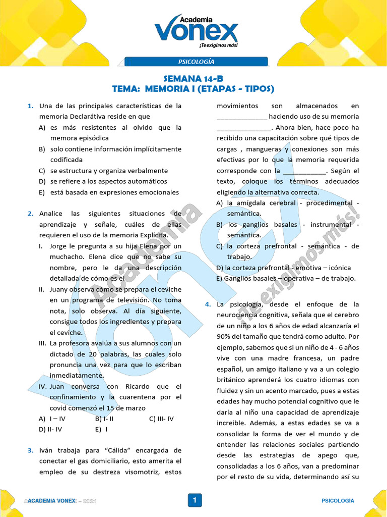 Semana 14-B Tema: Memoria I (Etapas - Tipos) : Psicología | PDF | Memoria | Cerebro