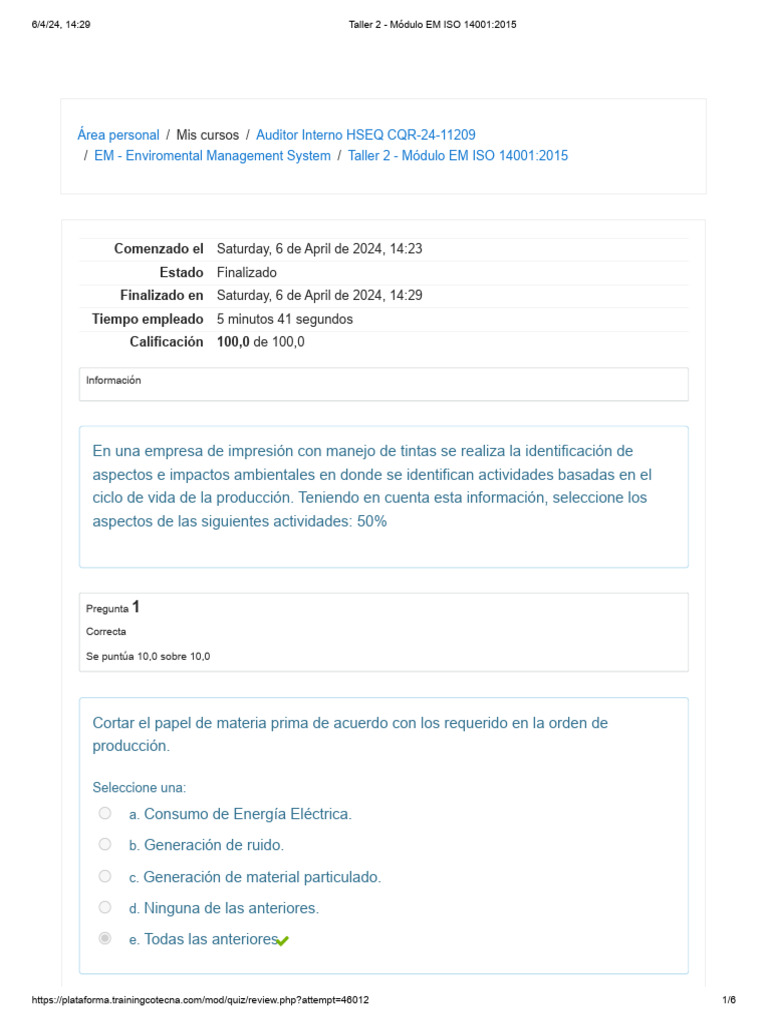 Taller 2 - Módulo EM ISO 14001 - 2015 | Descargar gratis PDF | Papel | Evaluación del ciclo de vida