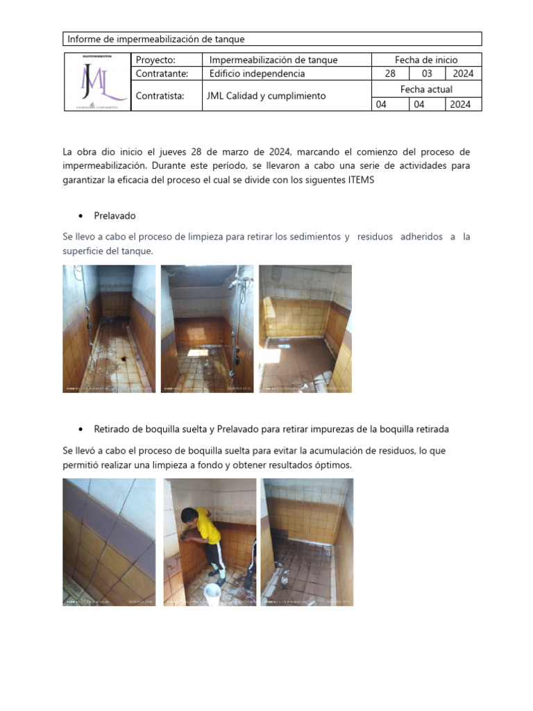INFORME IMPERMEABILIZACIÓN TANQUE EDIFICIO INDEPENDENCIA | PDF | Hormigón | Agua