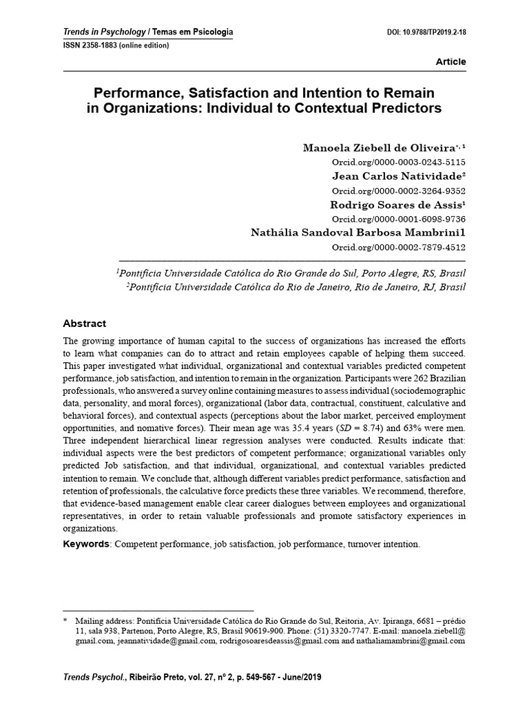 Performance, Satisfaction and Intention To Remain in Organizations - Individual To Contextual ...