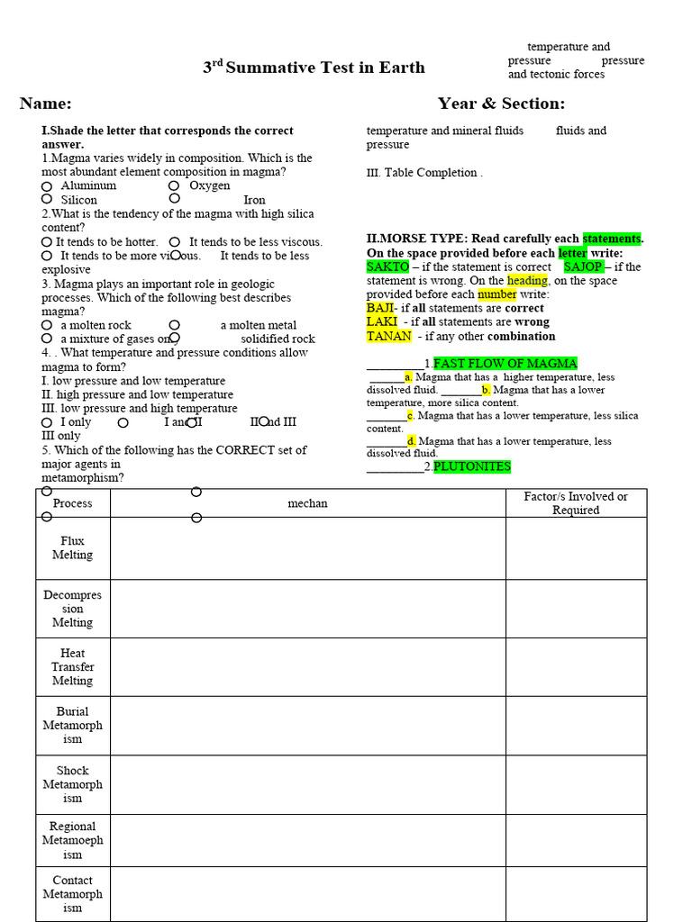 Endogenic Processes Summative Test in Earth Science 11 | PDF | Magma ...