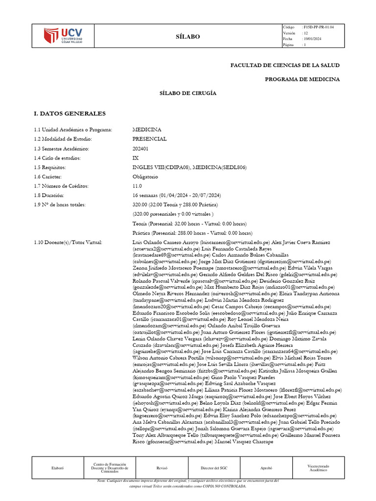 Sílabo de Cirugía 2025-1 USMP FMH | PDF | Cirugía | Medicina