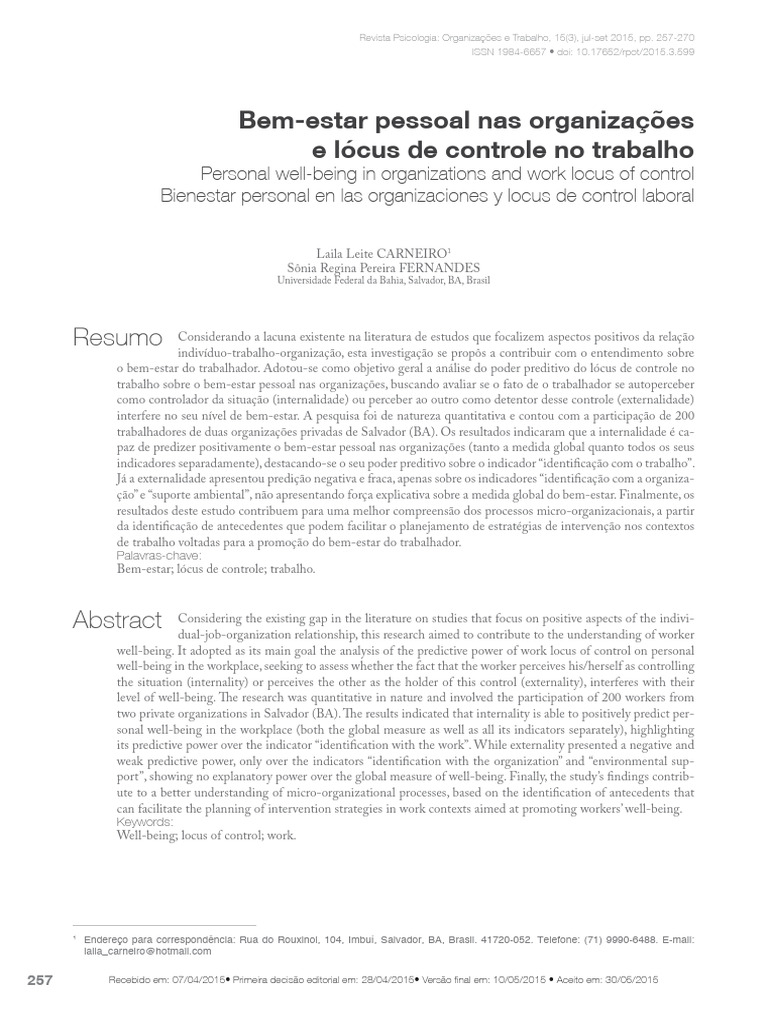 Bem-Estar e Lócus de Controle no Trabalho | PDF | Bem-estar | Psicologia