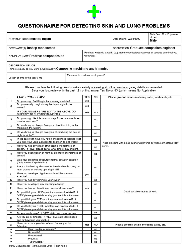Skin and Lung Health Questionnaire | PDF | Allergy | Dermatitis