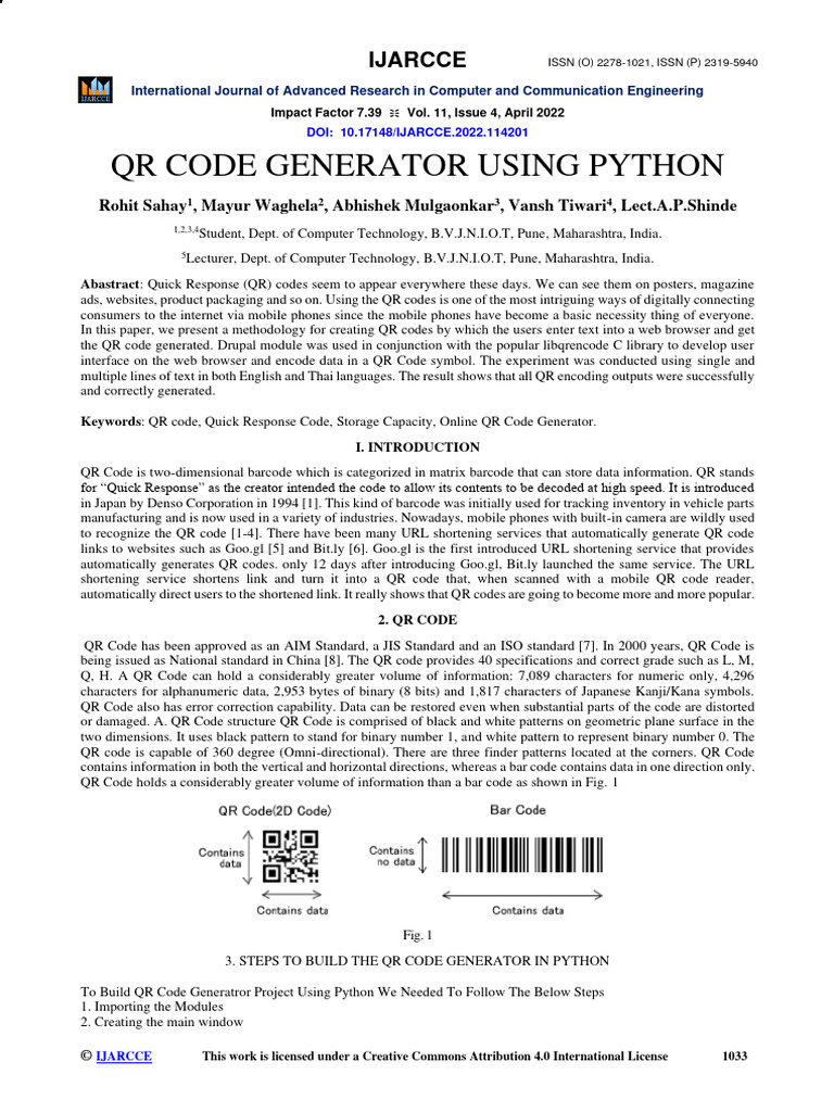 Ijarcce 2022 114201 | PDF | Qr Code | Barcode