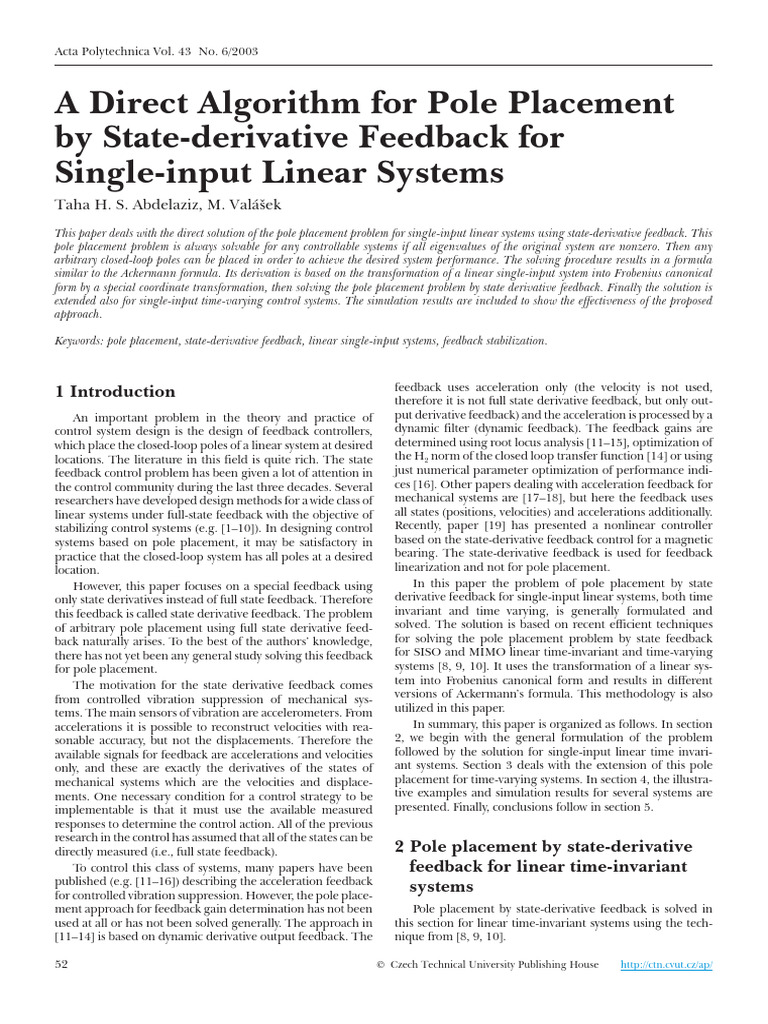 A Direct Algorithm For Pole Placement by Statederivative | PDF | Control Theory | Matrix ...