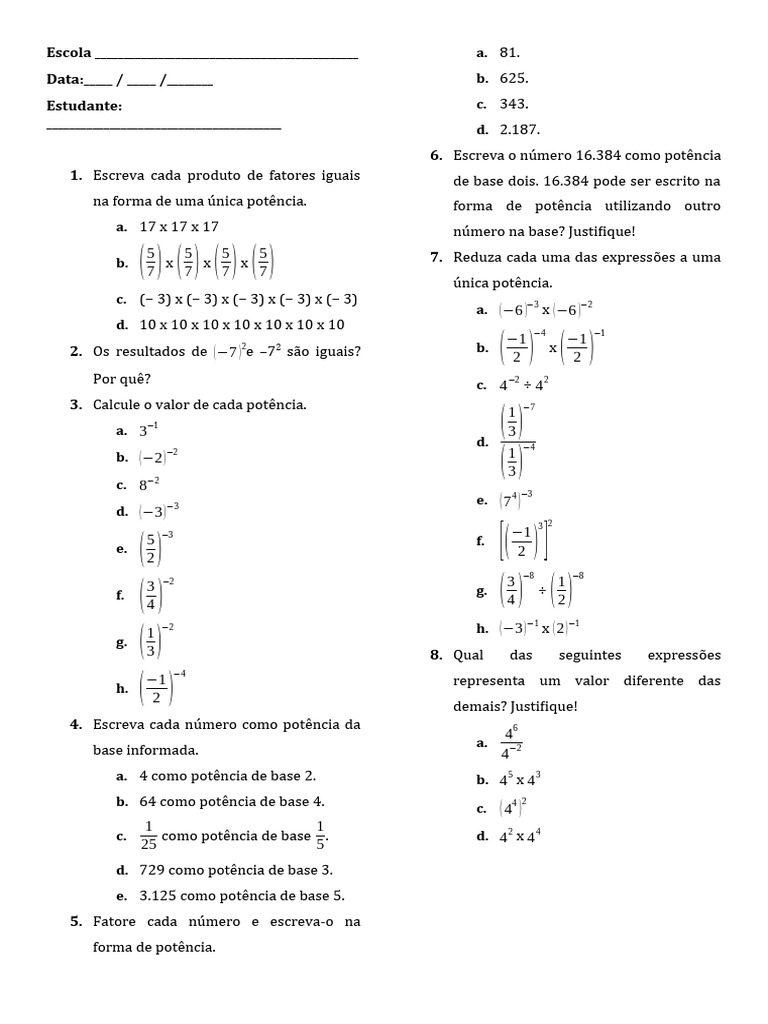 Exercícios de Potenciação para 6º Ano | PDF