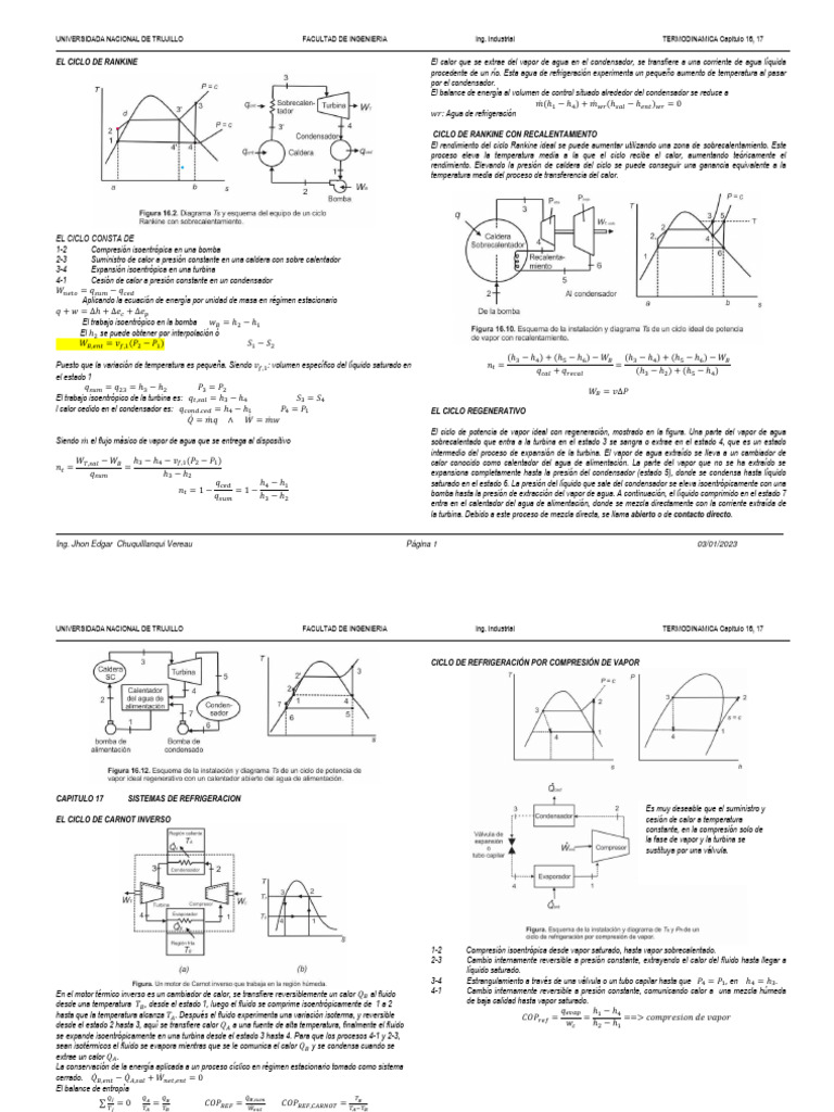 Ciclos Termodinámicos: Rankine y Refrigeración | PDF | Refrigeración ...