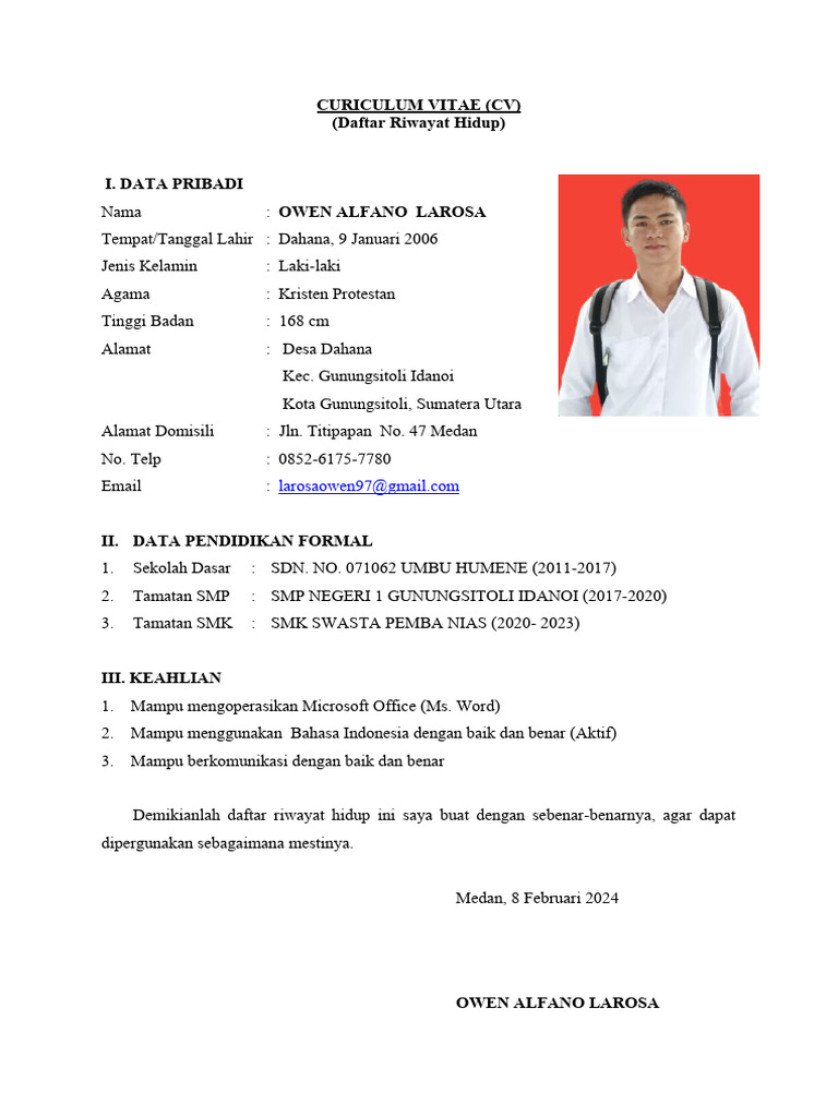 Curiculum Vitae (CV) Daftar Riwayat Hidup Owen Larosa-1 | PDF