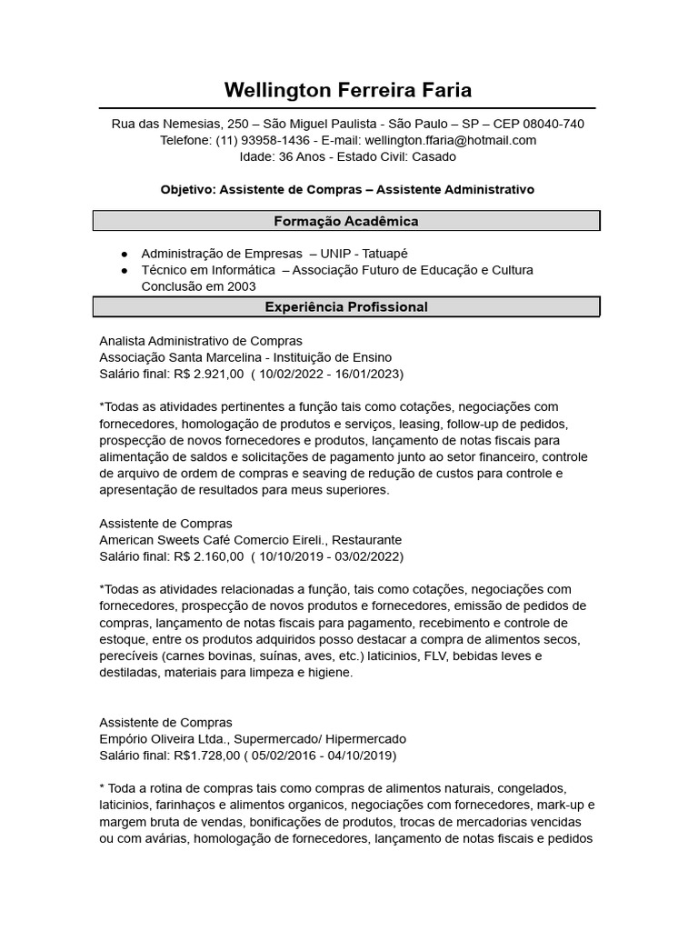 Curriculo Wellington | PDF | Setor terciário da economia | Salário