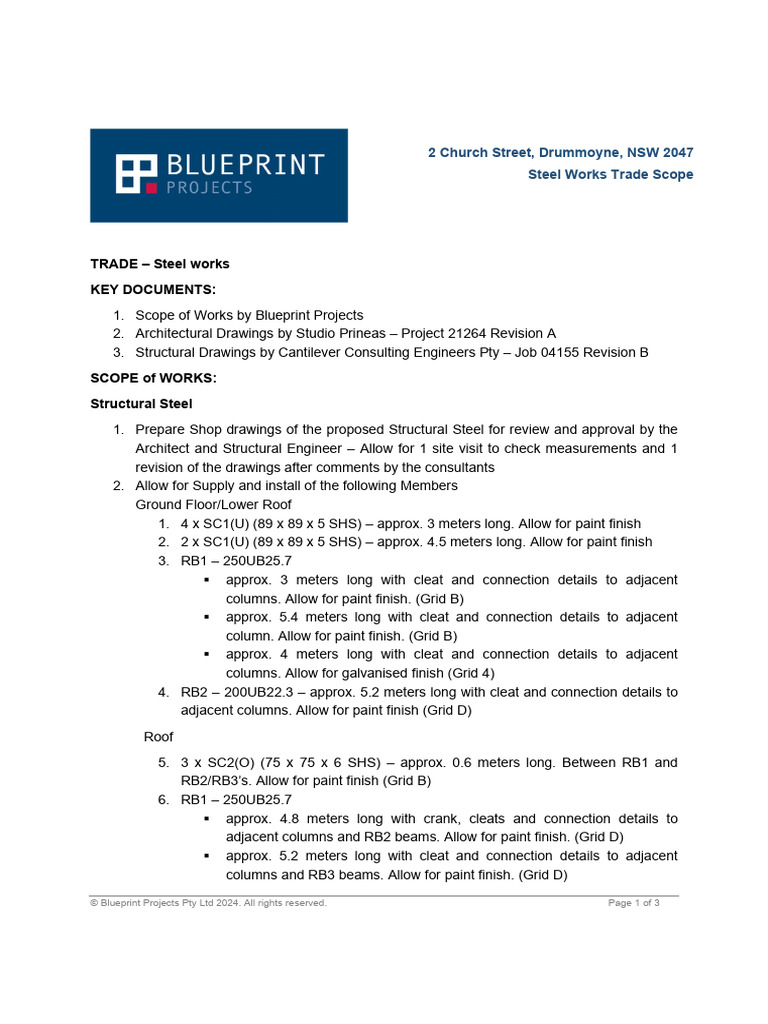 Blueprint Projects Scope of Works - Structural Steel | PDF