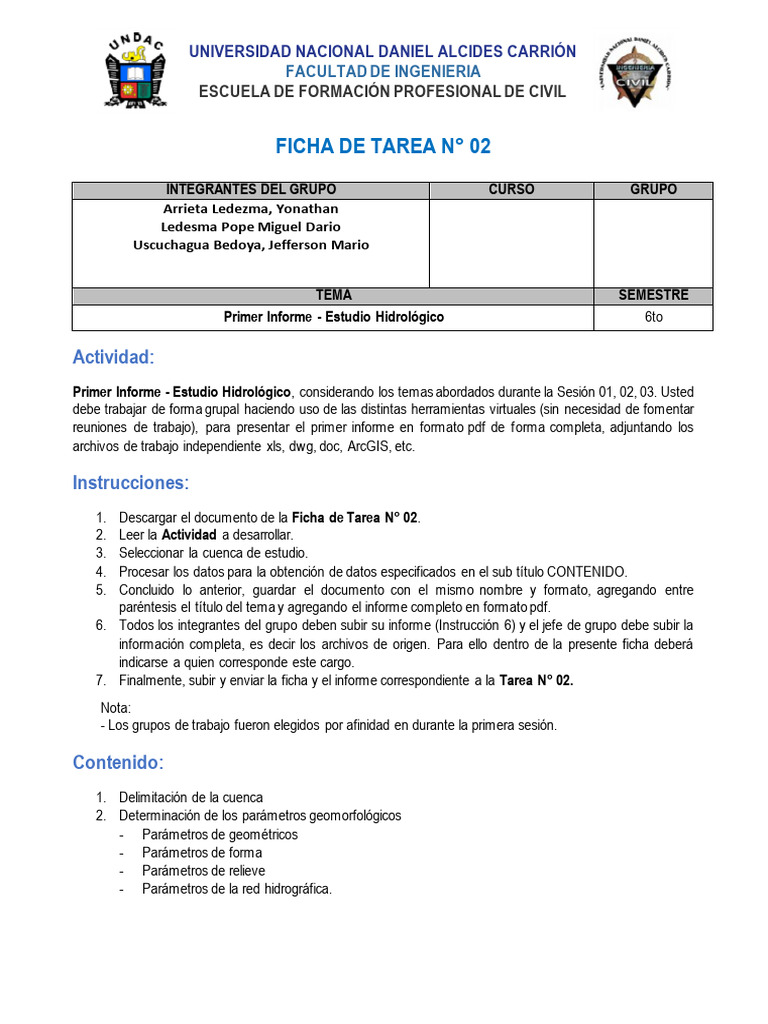 Ficha de Tarea #02 - Presentacion Del Primer Informe Del Estudio Hidrológico | PDF | Cuenca de ...
