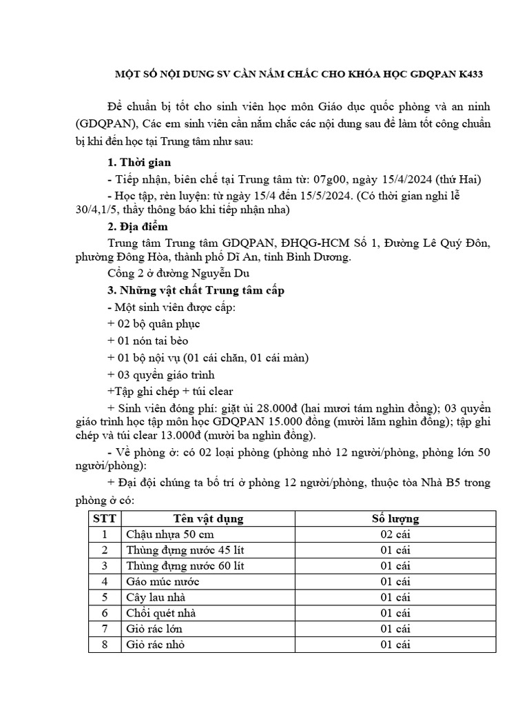 THÔNG BÁO ĐẦU KHÓA HỌC K433 | PDF